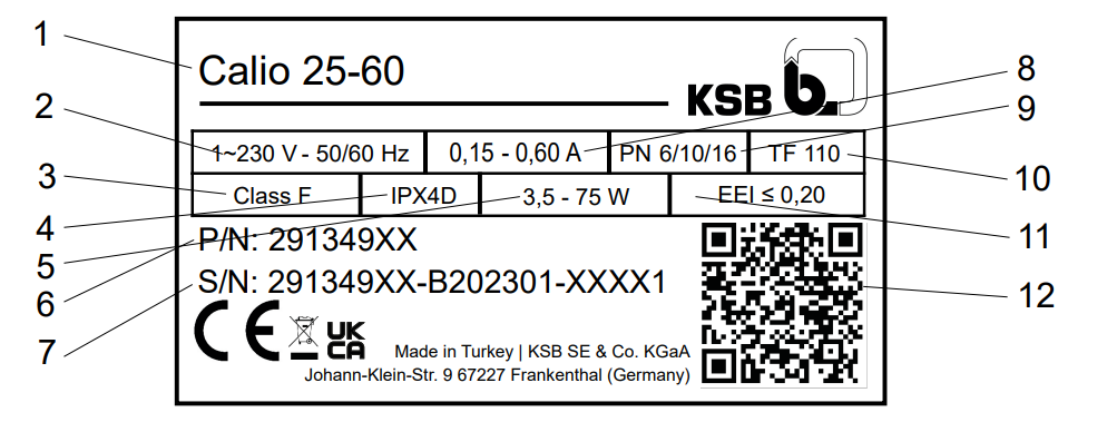 Was bedeuten die Angaben auf dem Typenschild der Calio? – KSB Help Center